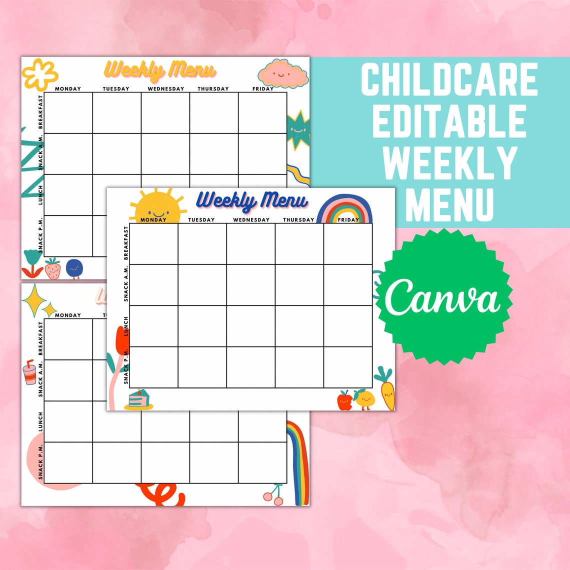 Childcare Weekly Menu Editable Template - Daycare Food Tracker ...