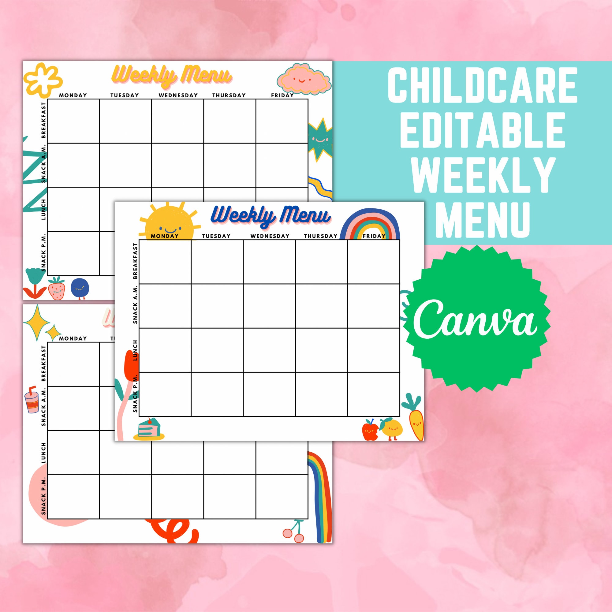 Childcare Weekly Menu Editable Template - Daycare Food Tracker ...