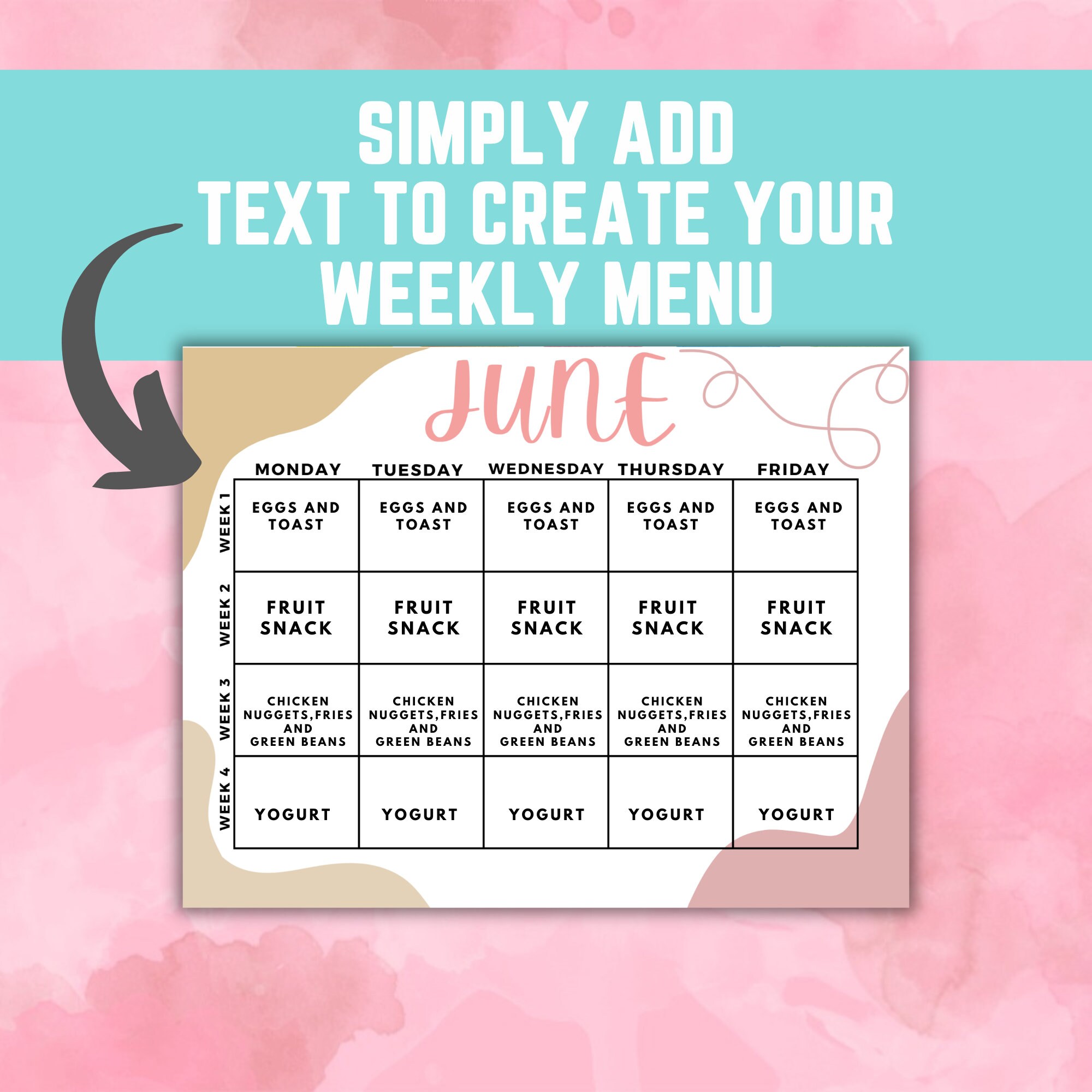 Childcare Monthly Menu Editable Template - Daycare Food Tracker ...