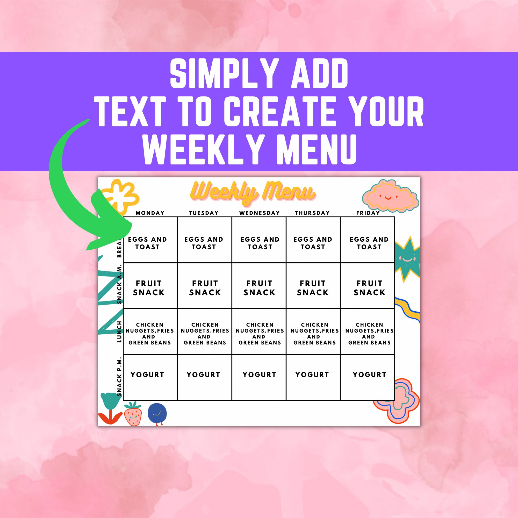 Childcare Weekly Menu Editable Template - Daycare Food Tracker ...