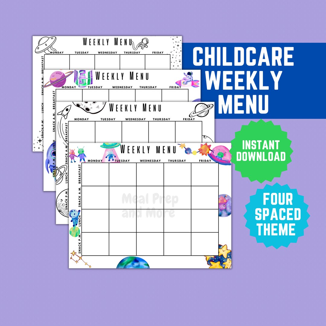 Childcare Weekly Menu Log Download Multipack Space Daycare Food Tracker ...