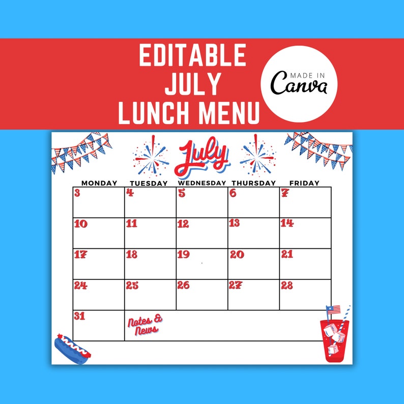 July Calendar Editable Template Daycare Meal Tracker - Etsy
