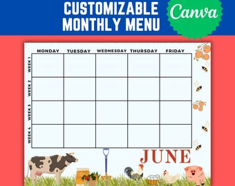 Childcare Monthly Menu Editable Template - Daycare Food Tracker ...