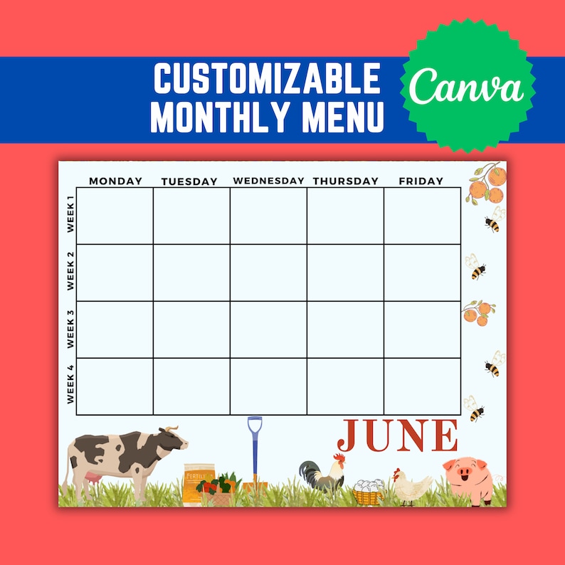 Childcare Monthly Menu Editable Template - Daycare Food Tracker ...