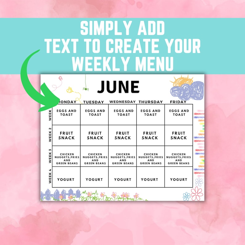 Childcare Monthly Menu Editable Template - Daycare Food Tracker ...