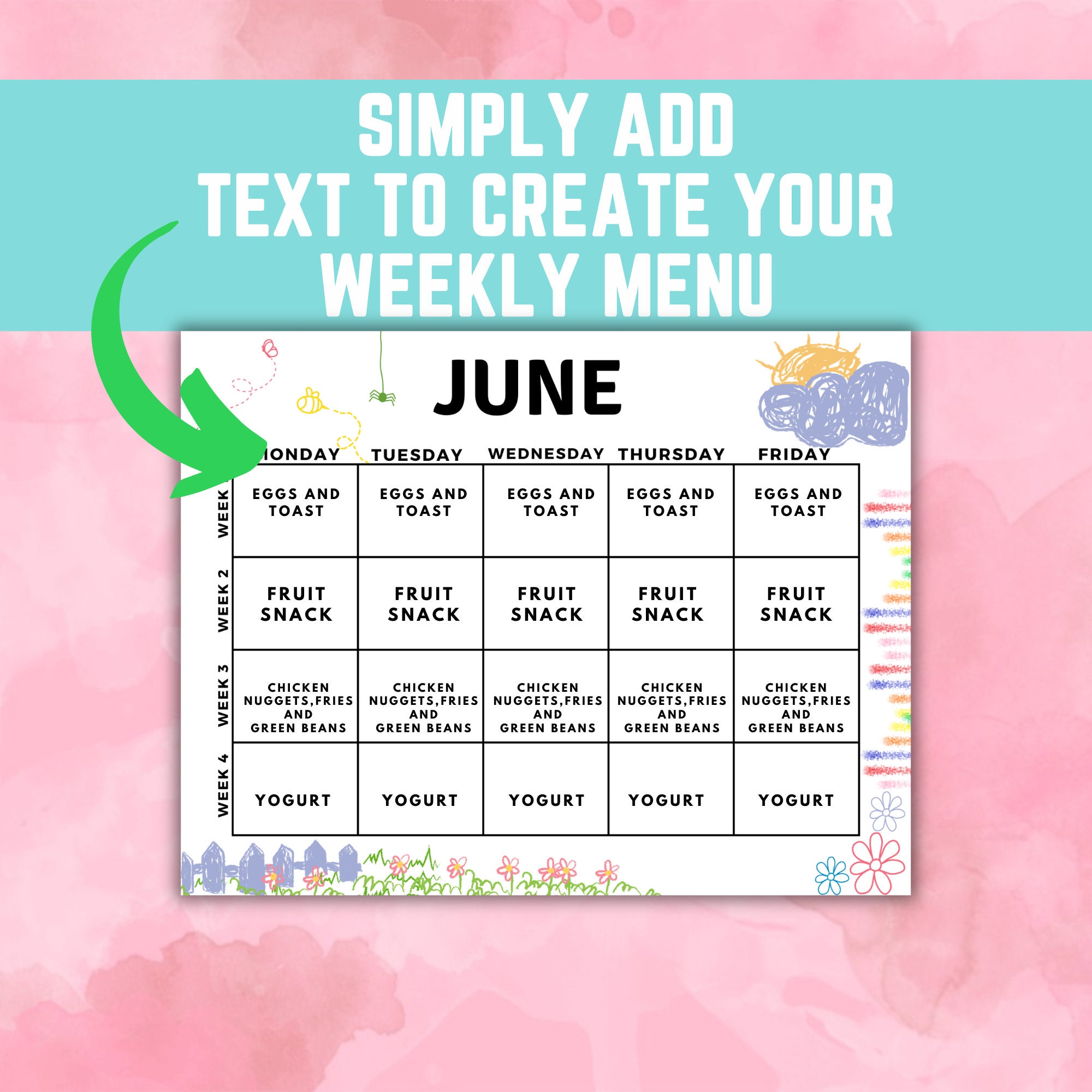 Childcare Monthly Menu Editable Template - Daycare Food Tracker ...