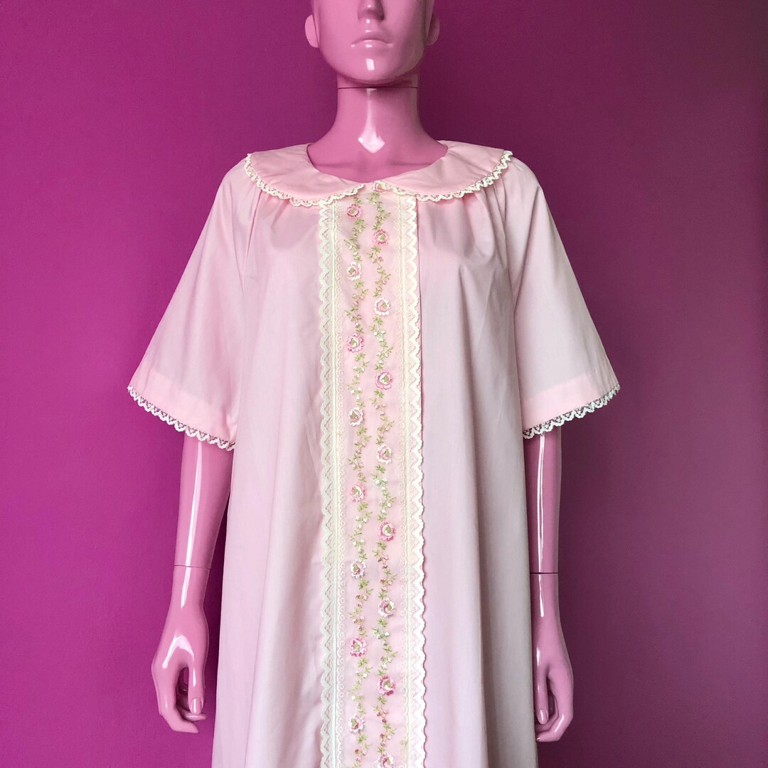 Vintage 60s L/XL Lightweight Housecoat Midi Dress Pastel Pink Snap ...