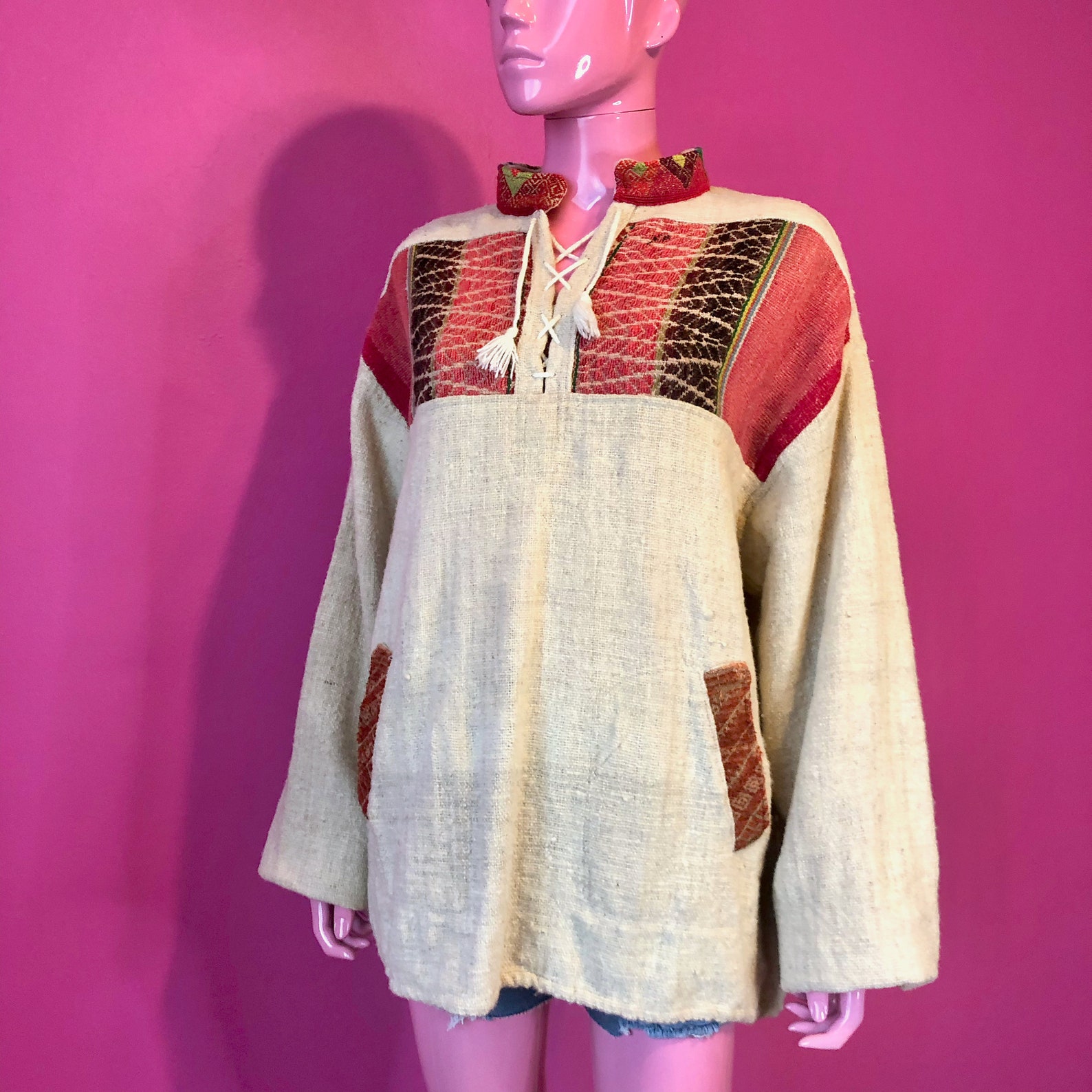Vintage 70s M/L Hand Woven Wool Brocade Pullover Long Sleeve Outerwear ...