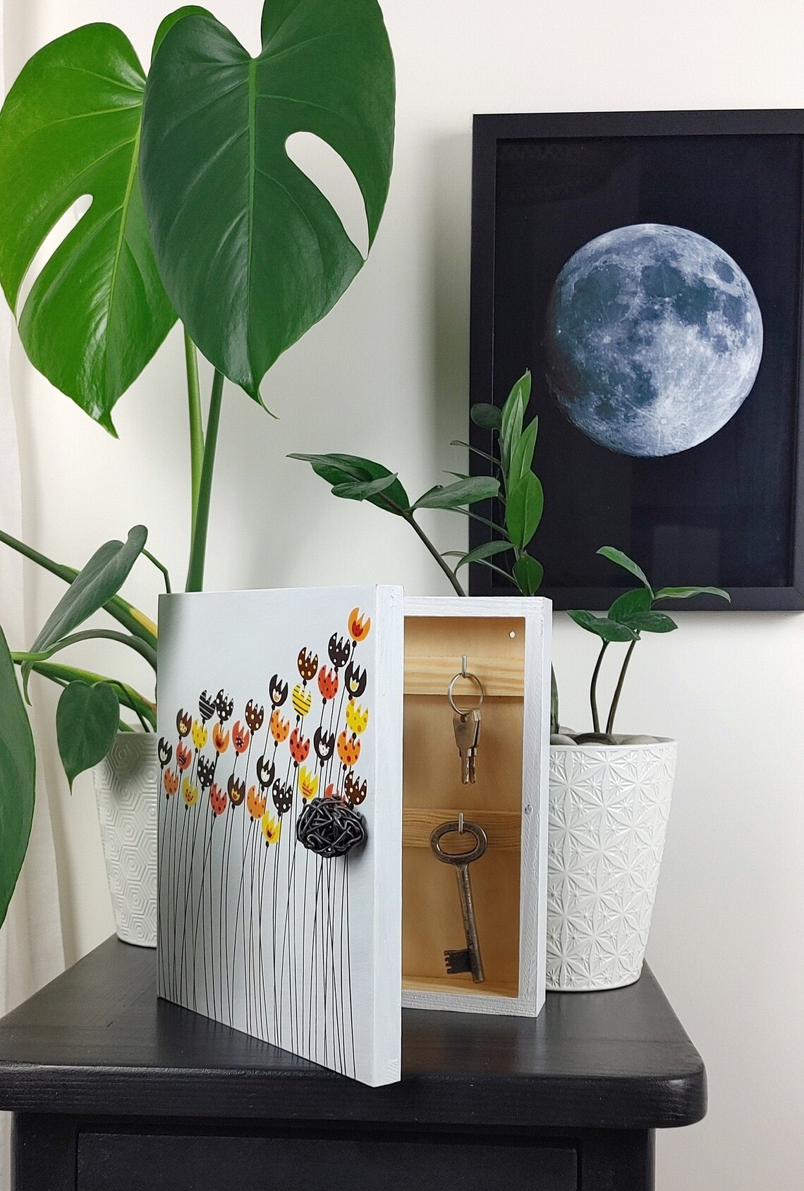 Hand Painted White Wooden Key Box Floral Design Hanging Key | Etsy