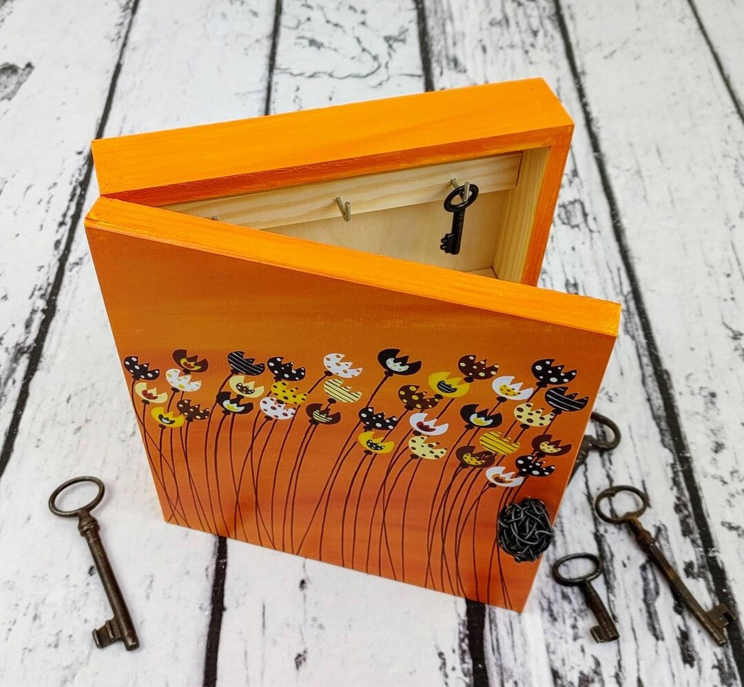 Hand Painted Orange Wooden Key Box, Floral Design, Hanging Key Box, Six ...