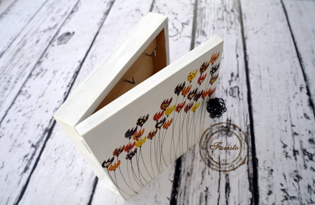 Hand Painted White Wooden Key Box, Floral Design, Hanging Key Box, Six ...