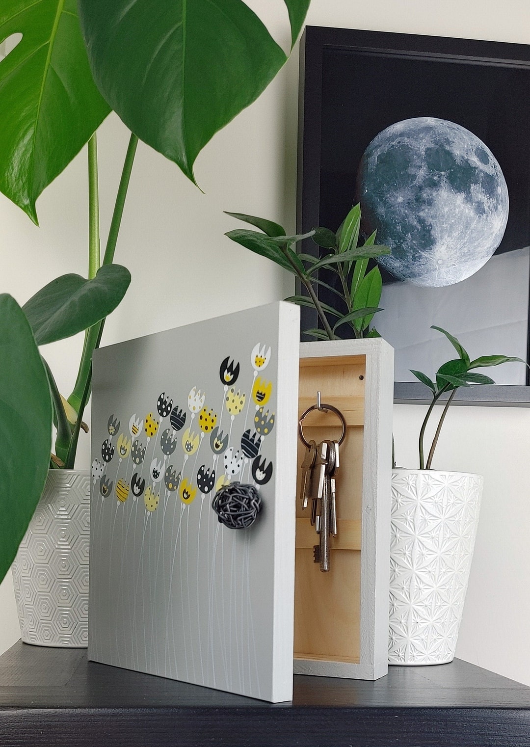 Hand Painted Gray Wooden Key Box, Floral Design, Hanging Key Box, 6 Key ...