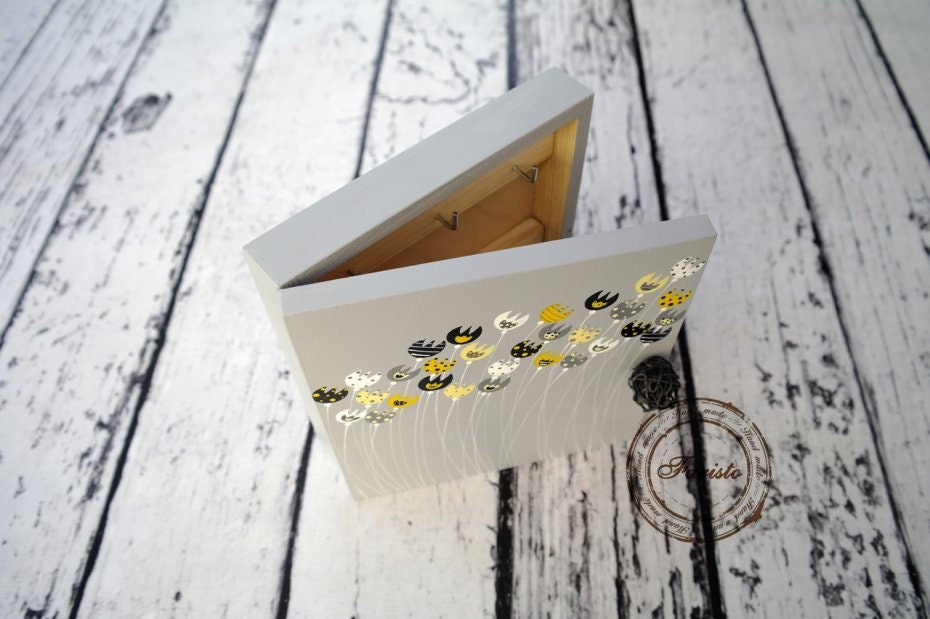 Hand Painted Gray Wooden Key Box, Floral Design, Hanging Key Box, 6 Key ...