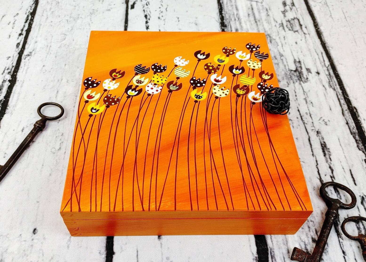 Hand Painted Orange Wooden Key Box, Floral Design, Hanging Key Box, Six ...