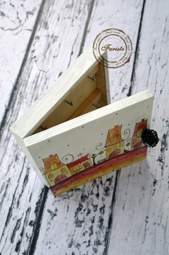 Hand Painted Wooden Key Box with Painted Houses Hanging Key | Etsy