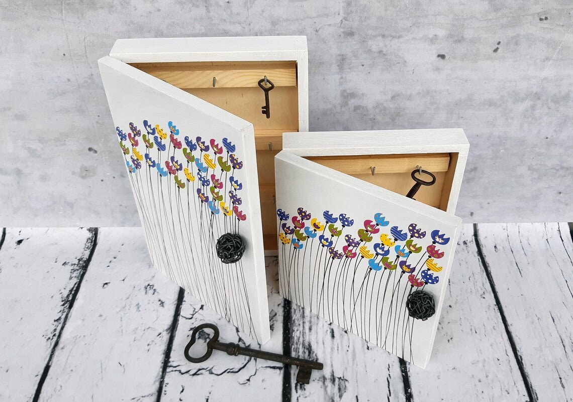 Personalized Wooden Key Holder House, Hand Painted White Key Box ...