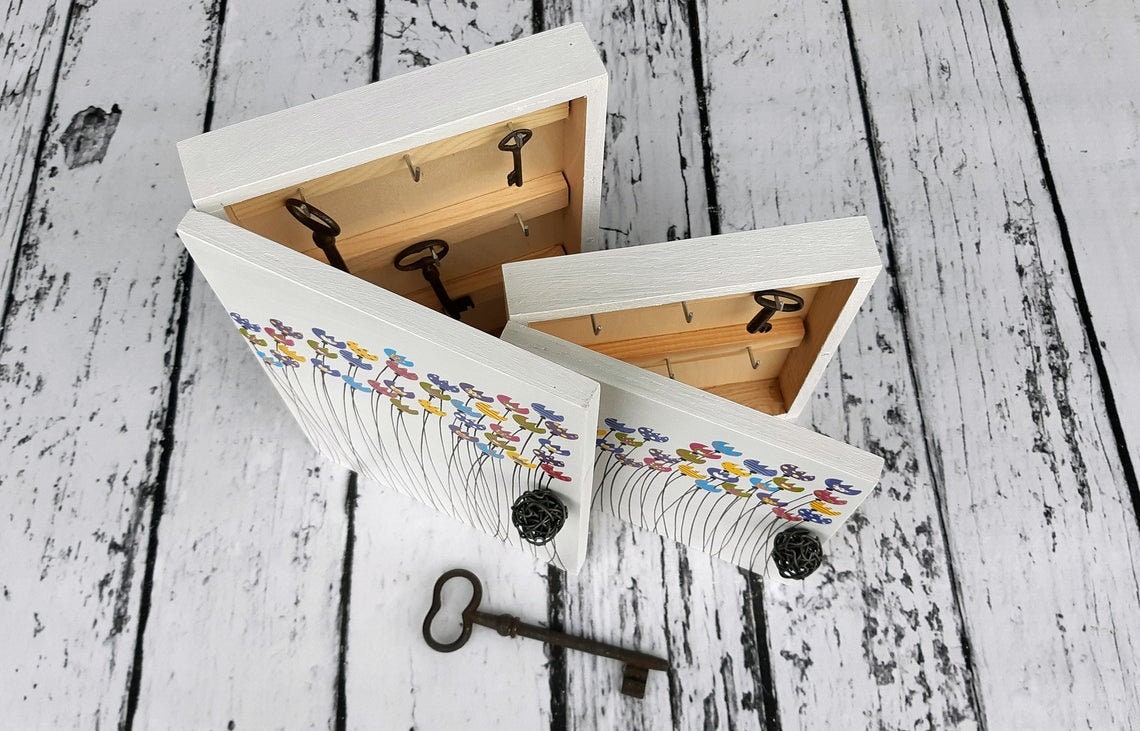 Personalized Wooden Key Holder House, Hand Painted White Key Box ...