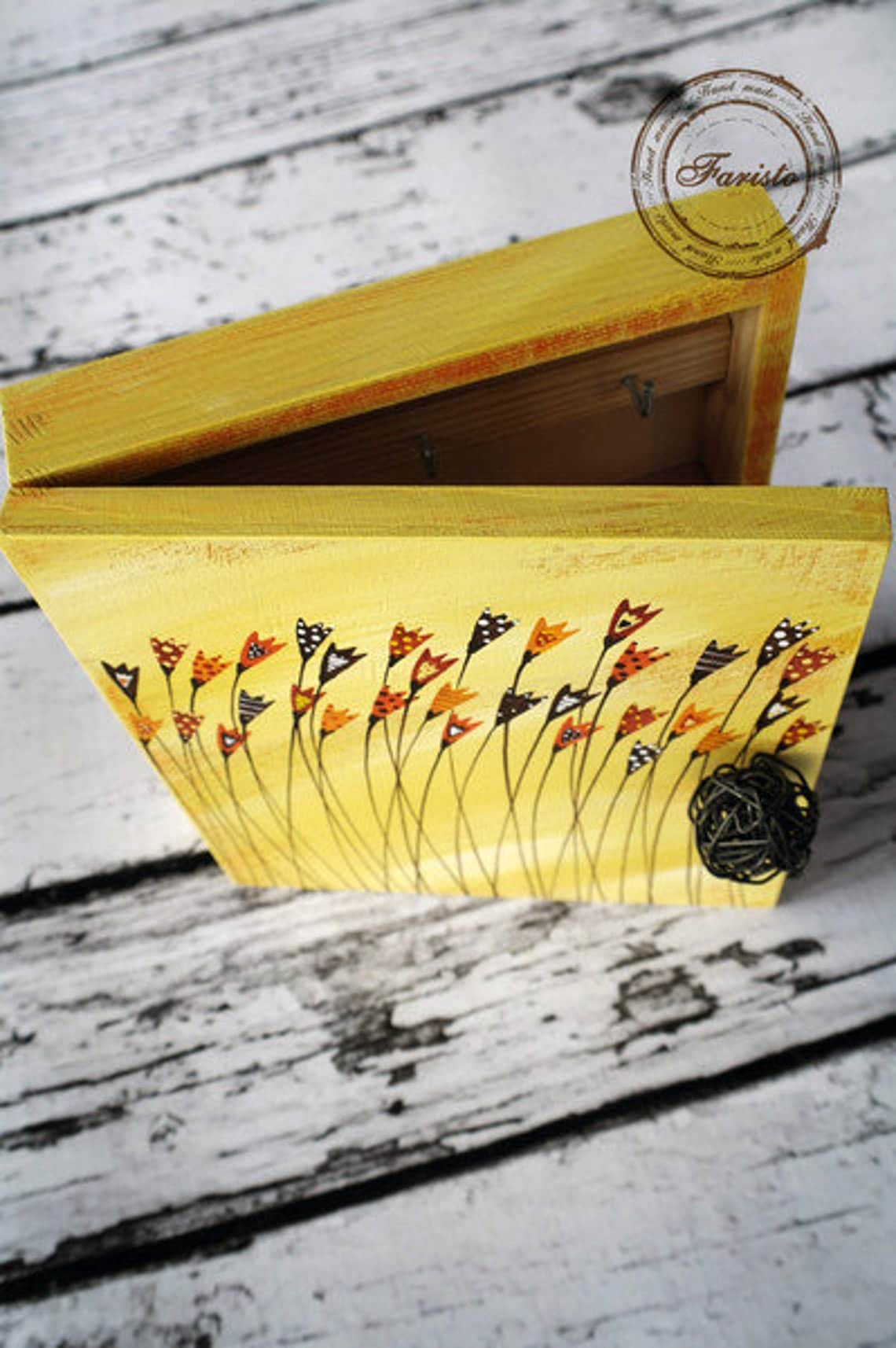 Hand Painted Yellow Wooden Key Box, Floral Design, Hanging Key Box, Six ...