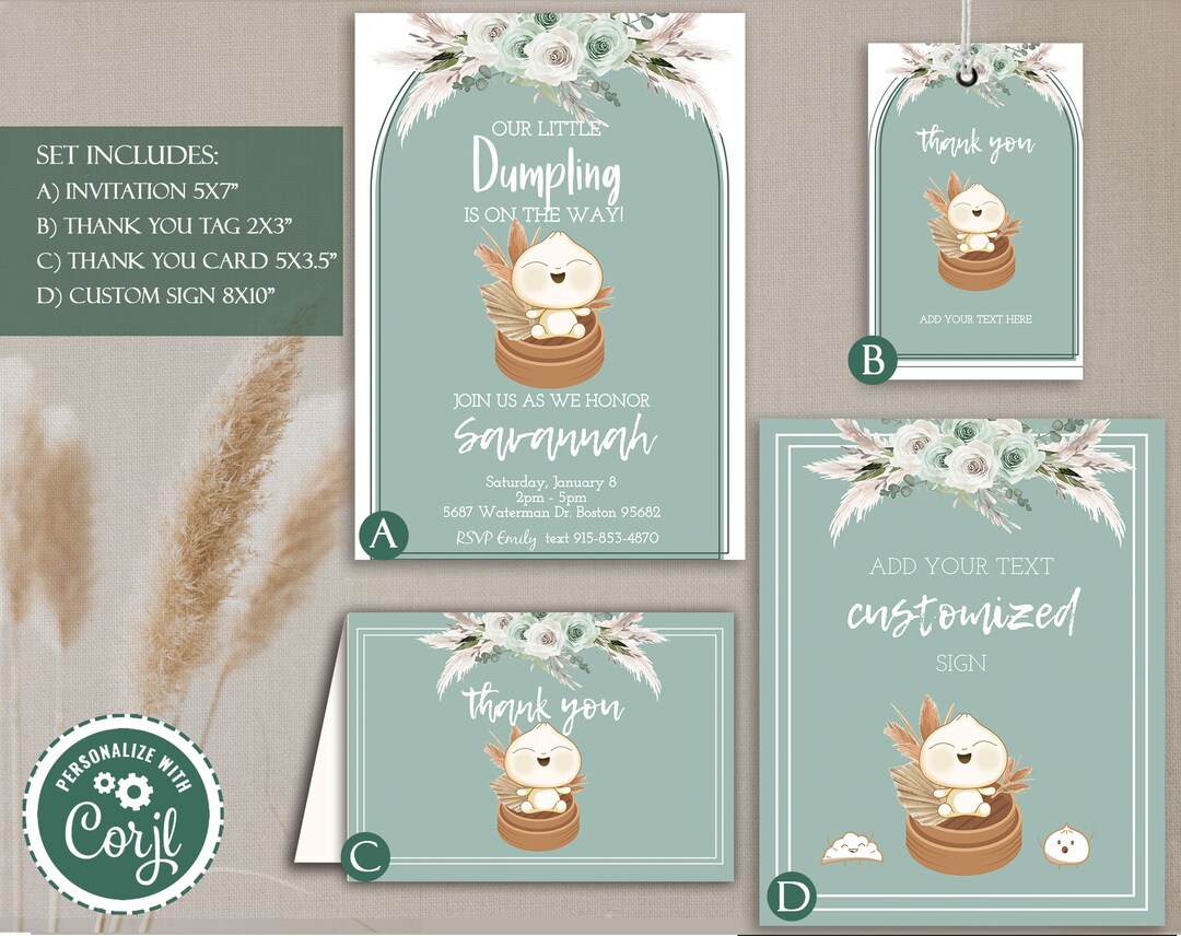Boho Sage, Dumpling Baby Shower Theme Invitations, Dim Sum Baby Shower ...