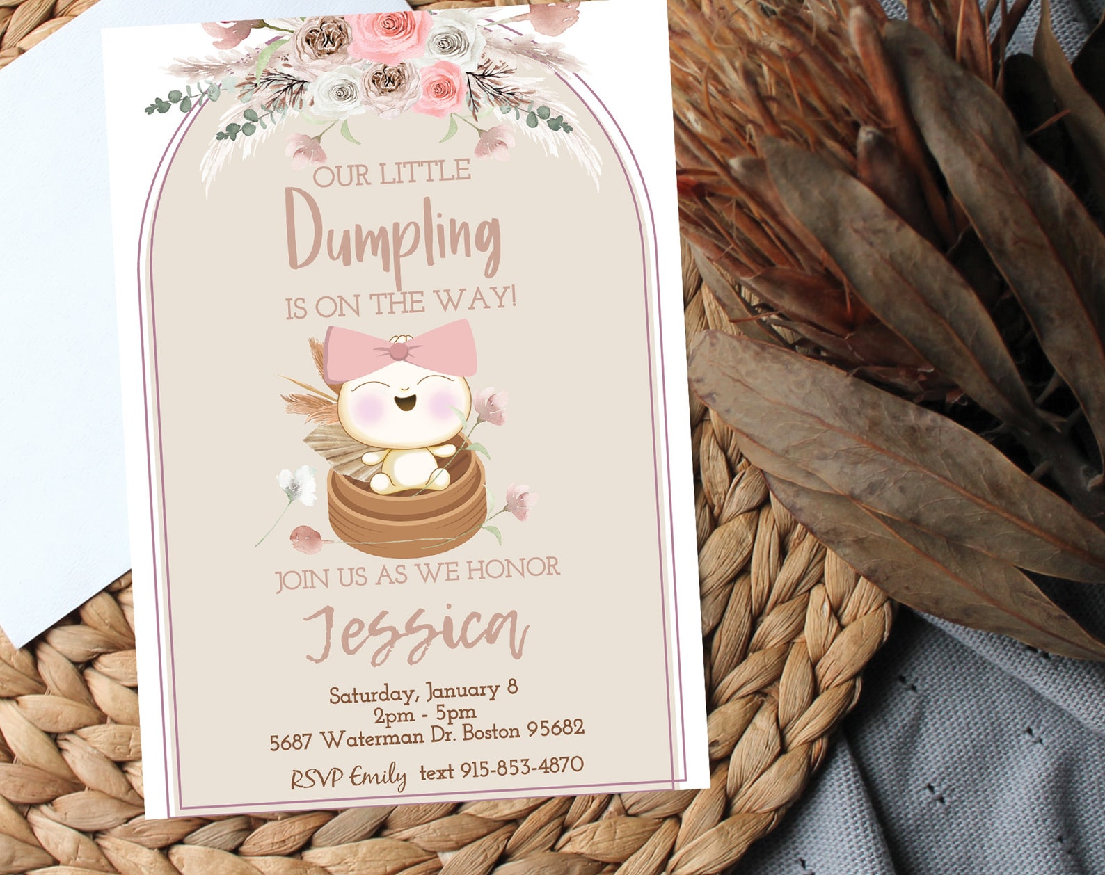 Boho Dumpling Baby Shower Theme Invitations, Girl, Dim Sum Baby Shower ...