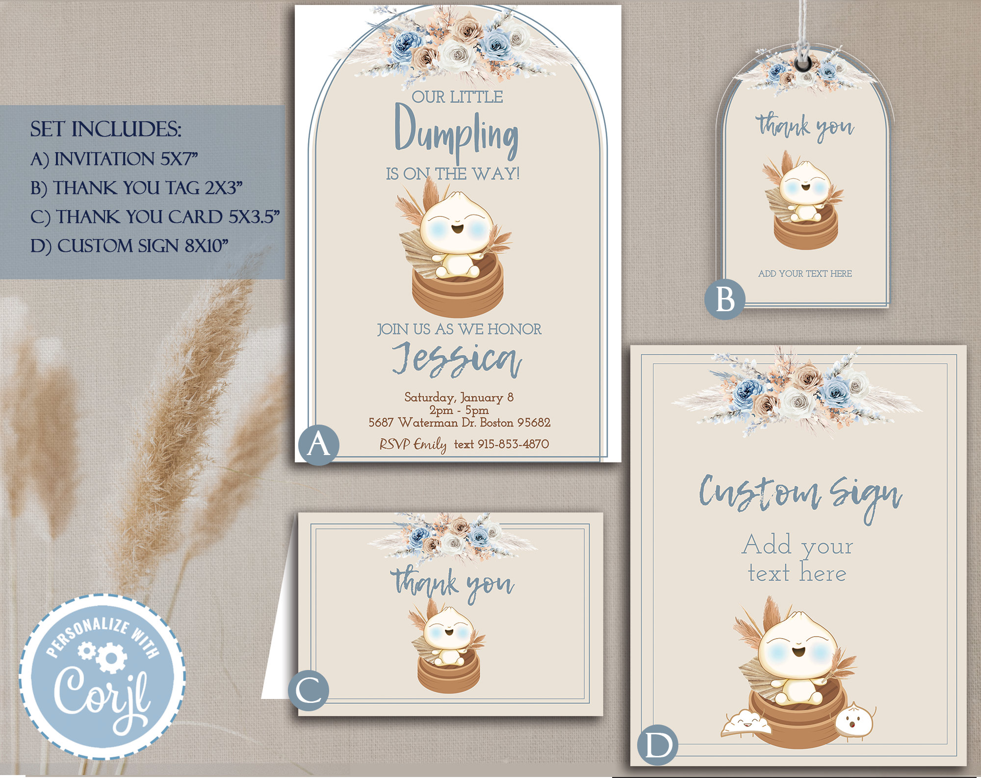 Boho Dumpling Baby Shower Theme Invitations, Boy, Dim Sum Baby Shower ...