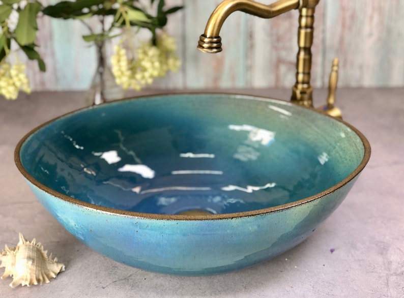 Turquoise Oval Bathroom Vessel Sink, Ceramic Handmade Pottery Wash ...