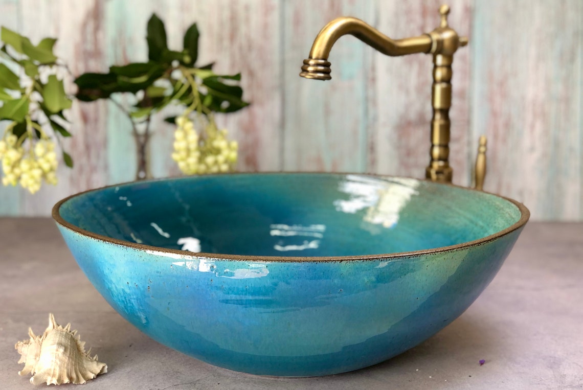 Turquoise Oval Bathroom Vessel Sink, Ceramic Handmade Pottery Wash ...