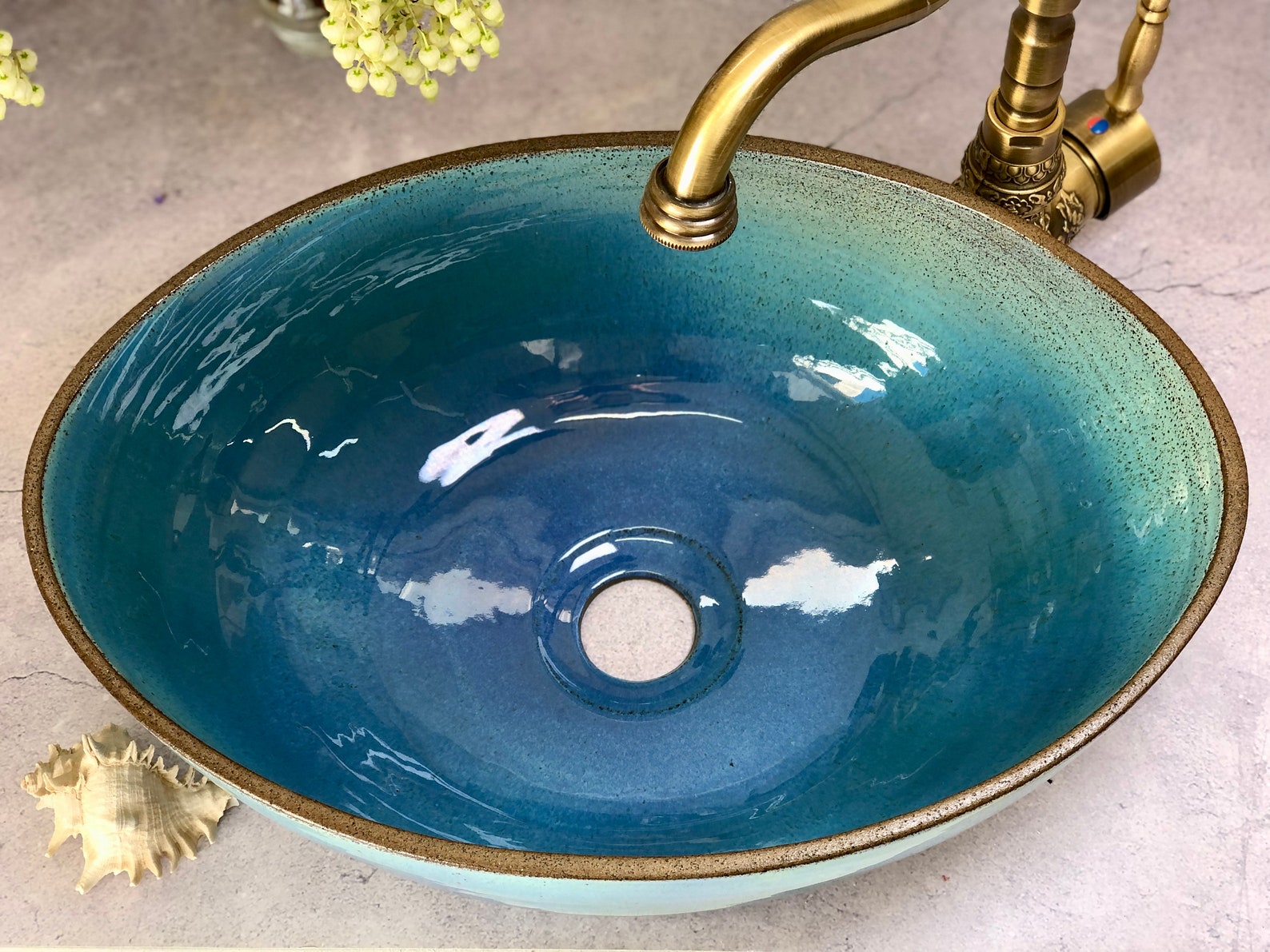 Turquoise Oval Bathroom Vessel Sink, Ceramic Handmade Pottery Wash ...