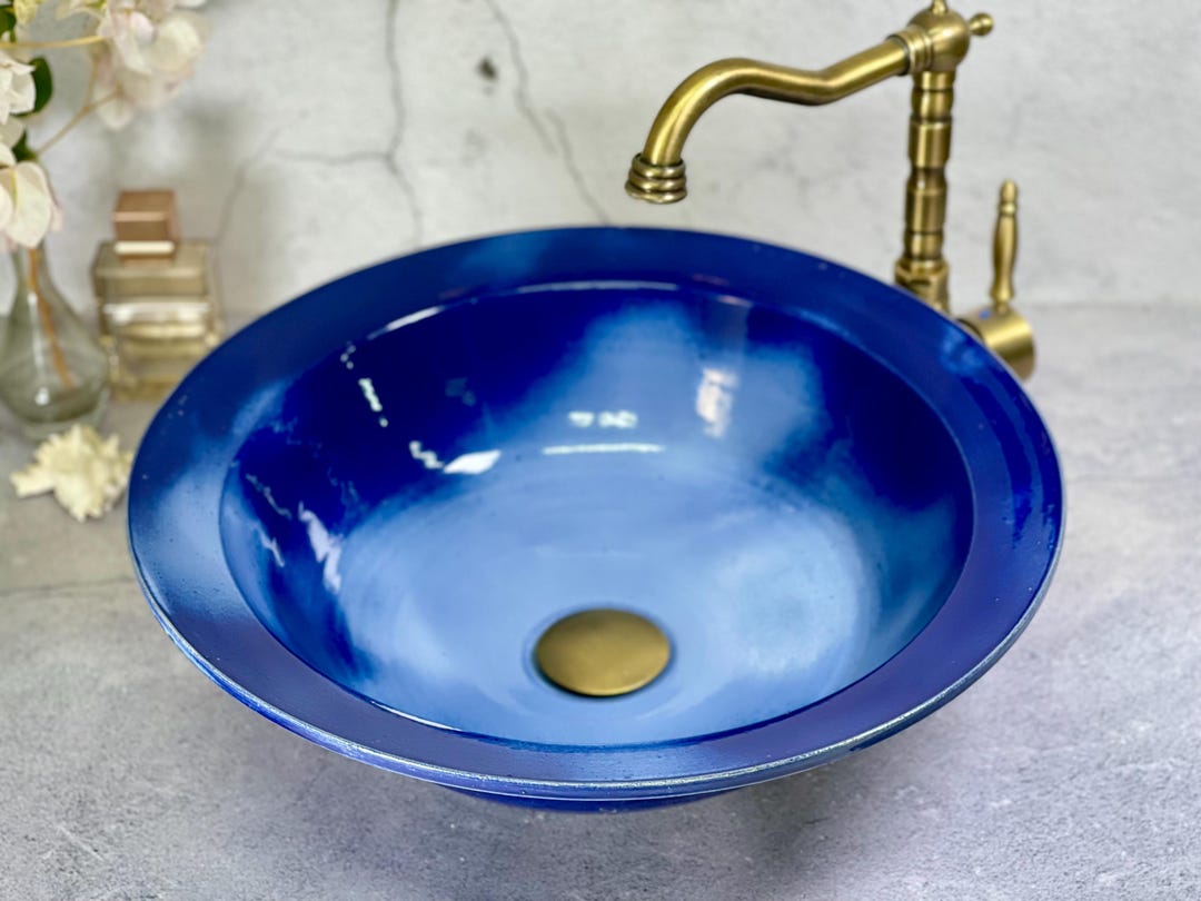 Misty Blue and White Ceramic Sink - Handmade Pottery Vessel, Dark Blue ...