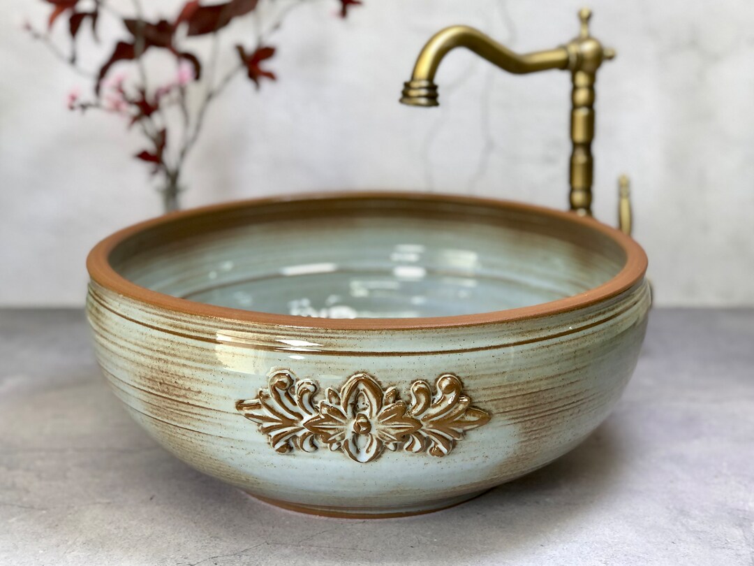 Ceramic Vessel Sink, Unique Sky Blue and Terracotta Vanity Top Sink ...