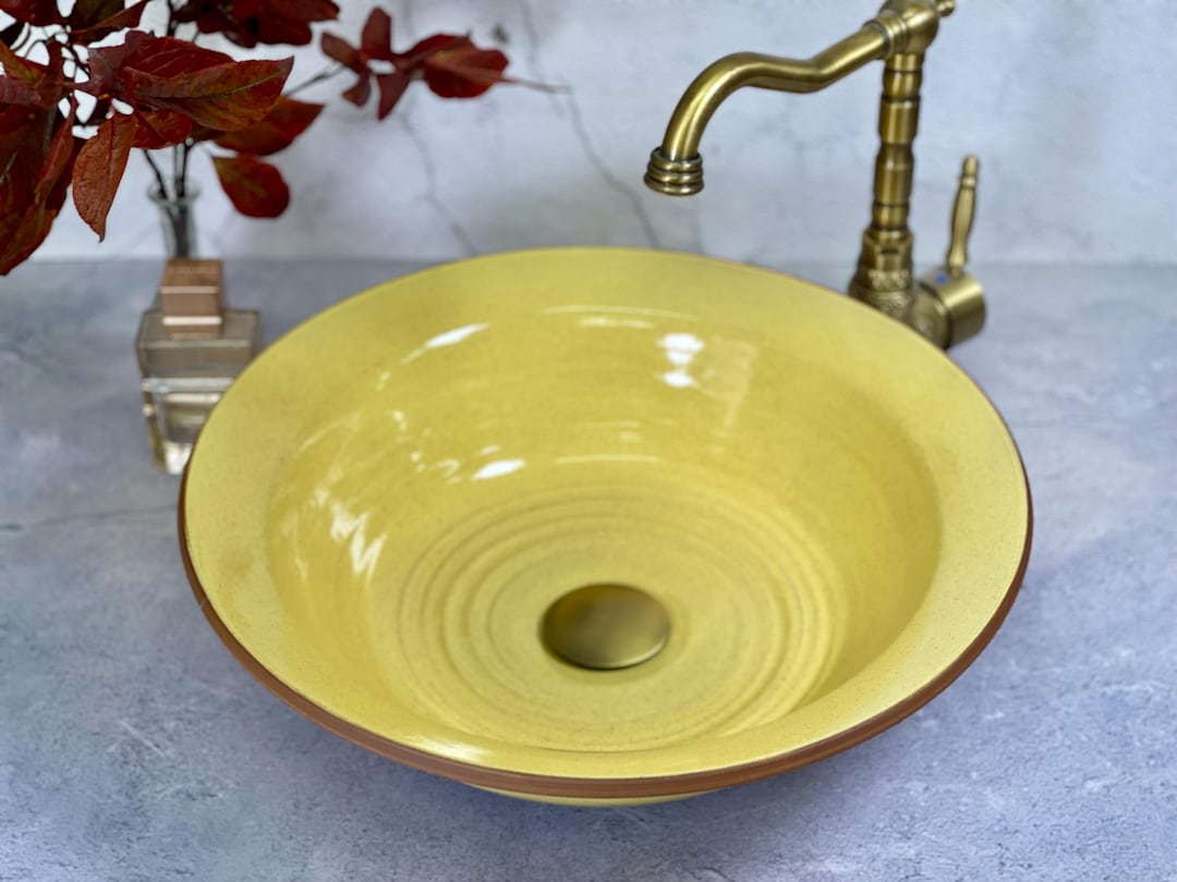 Handcrafted Mustard Yellow Ceramic Vessel Sink – Vintage-style Bathroom ...