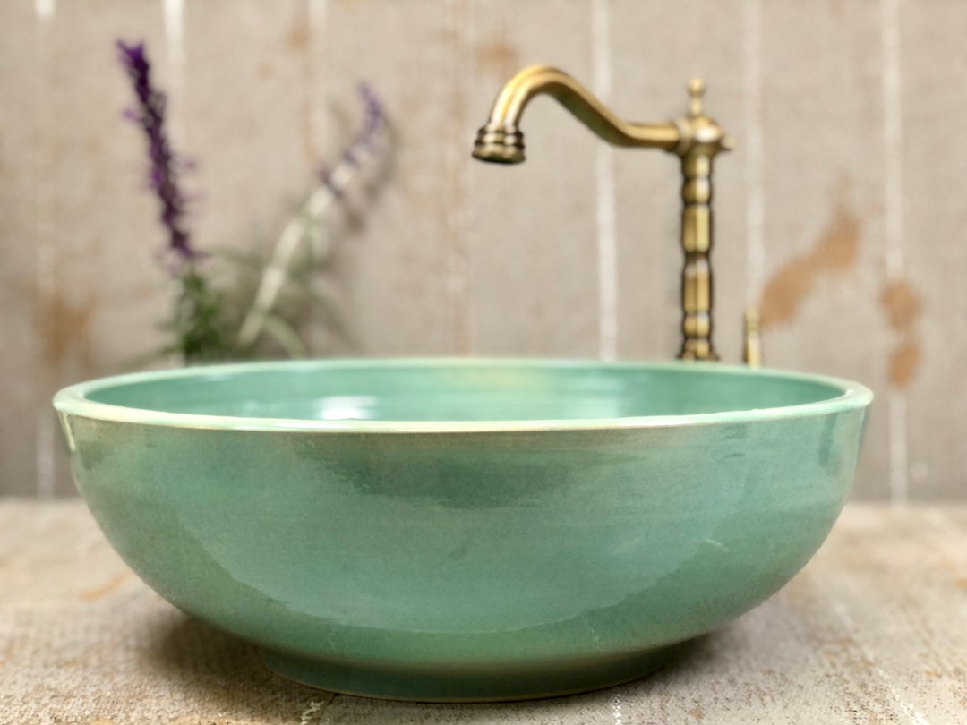 Ceramic Vessel Sink, Pottery Hand Made, Silky Green, Table Top Wash ...