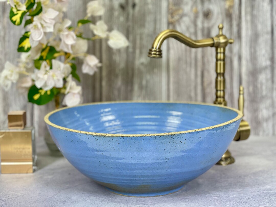 Blue Oval Small Vessel Sink, Pottery Table Top Sink. - Etsy
