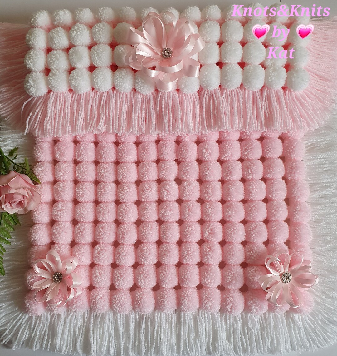 Handmade Baby Pom Pom Blanket Baby Pram Topper Pink White Pram Cover ...