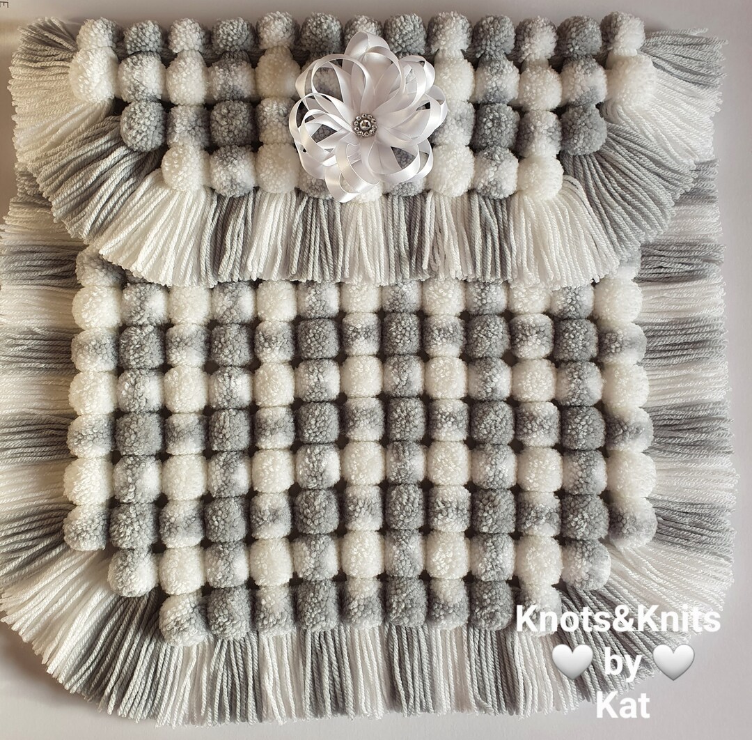 Handmade Baby Pom Pom Blanket Baby Pram Topper Silver White Pram Cover ...