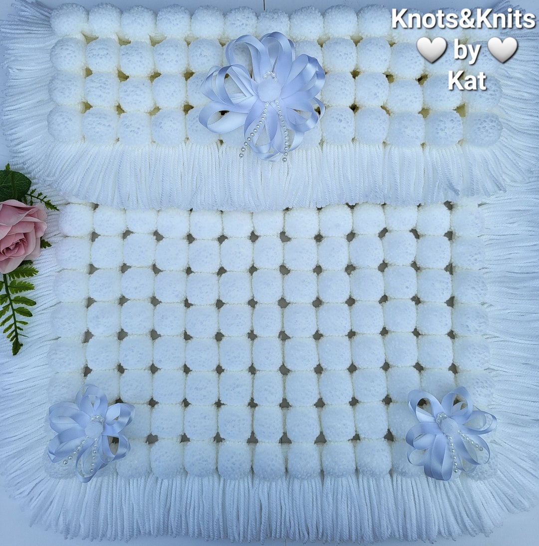 Handmade Baby White Pompom Blanket Pram Topper Pram Cover Baby Shower ...