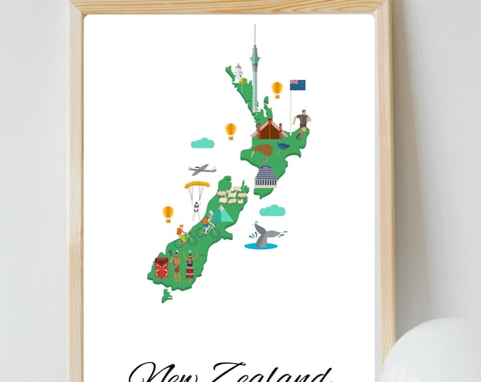 New Zealand Map Illustration Art Print, NZ Poster, New Zealand Art ...