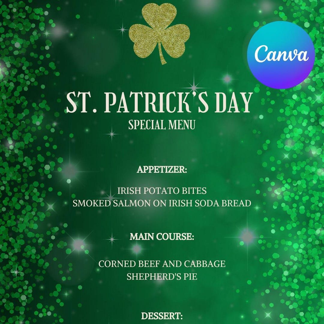 St Patricks Day Restaurant Menu: Editable Canva Template (digital ...