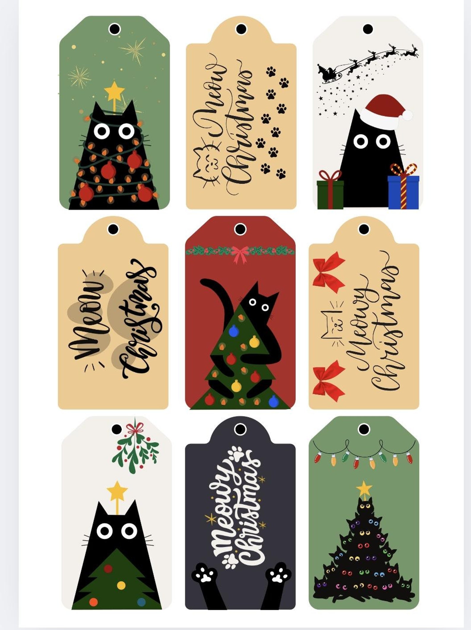 Printable Christmas Cat Gift Tags, Digital Christmas Gift Tags, Cat ...
