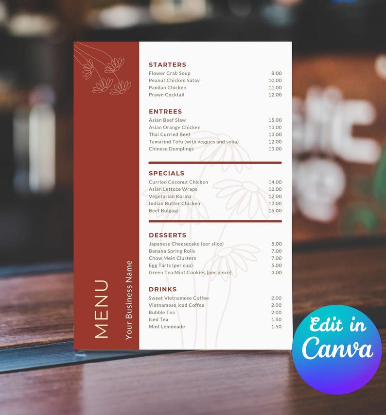 Editable Restaurant Menu Template | Printable Price List | Modern Canva ...