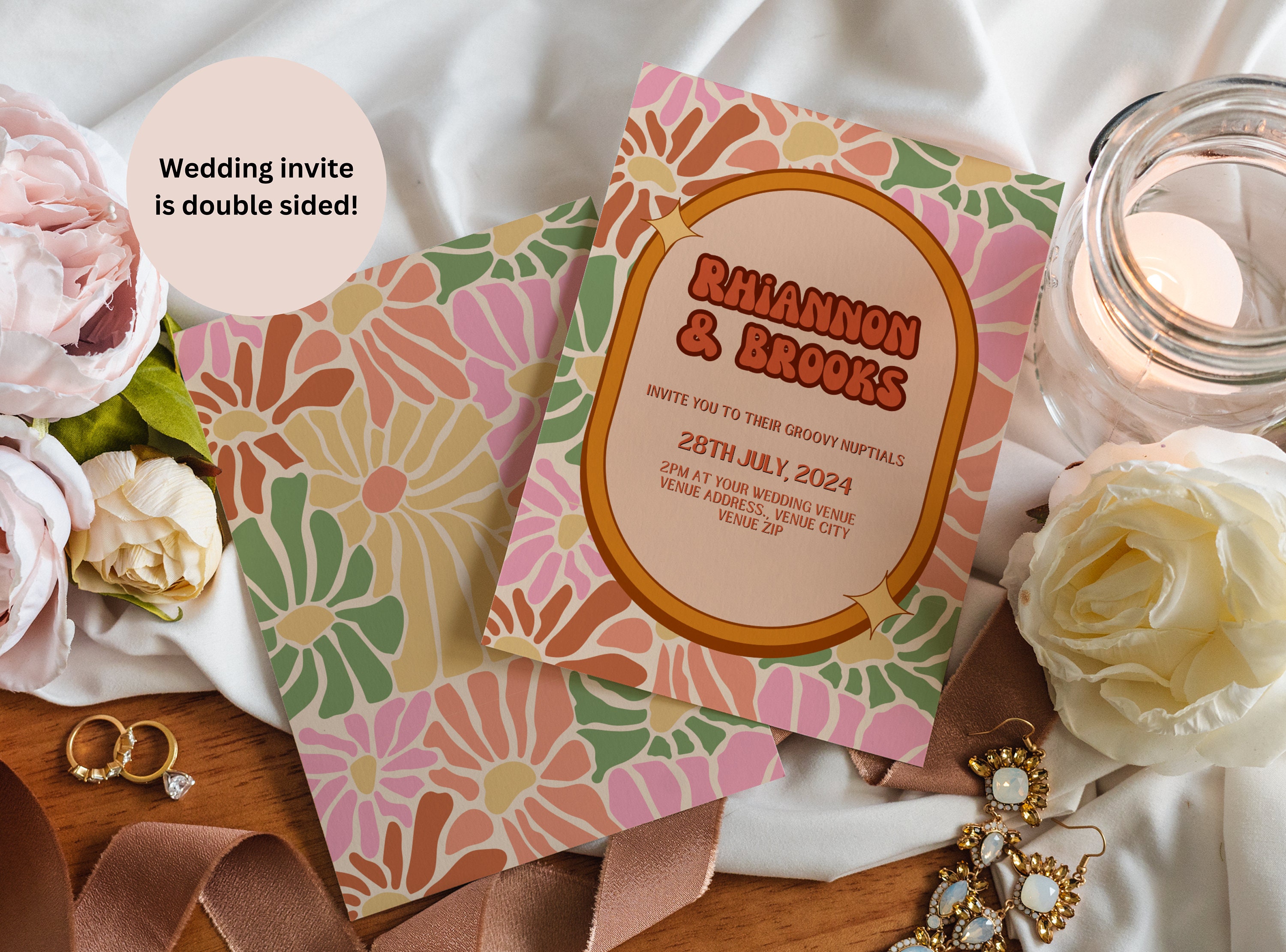 Retro Wedding Invitation Suite Template, Groovy Details Card, Funky ...