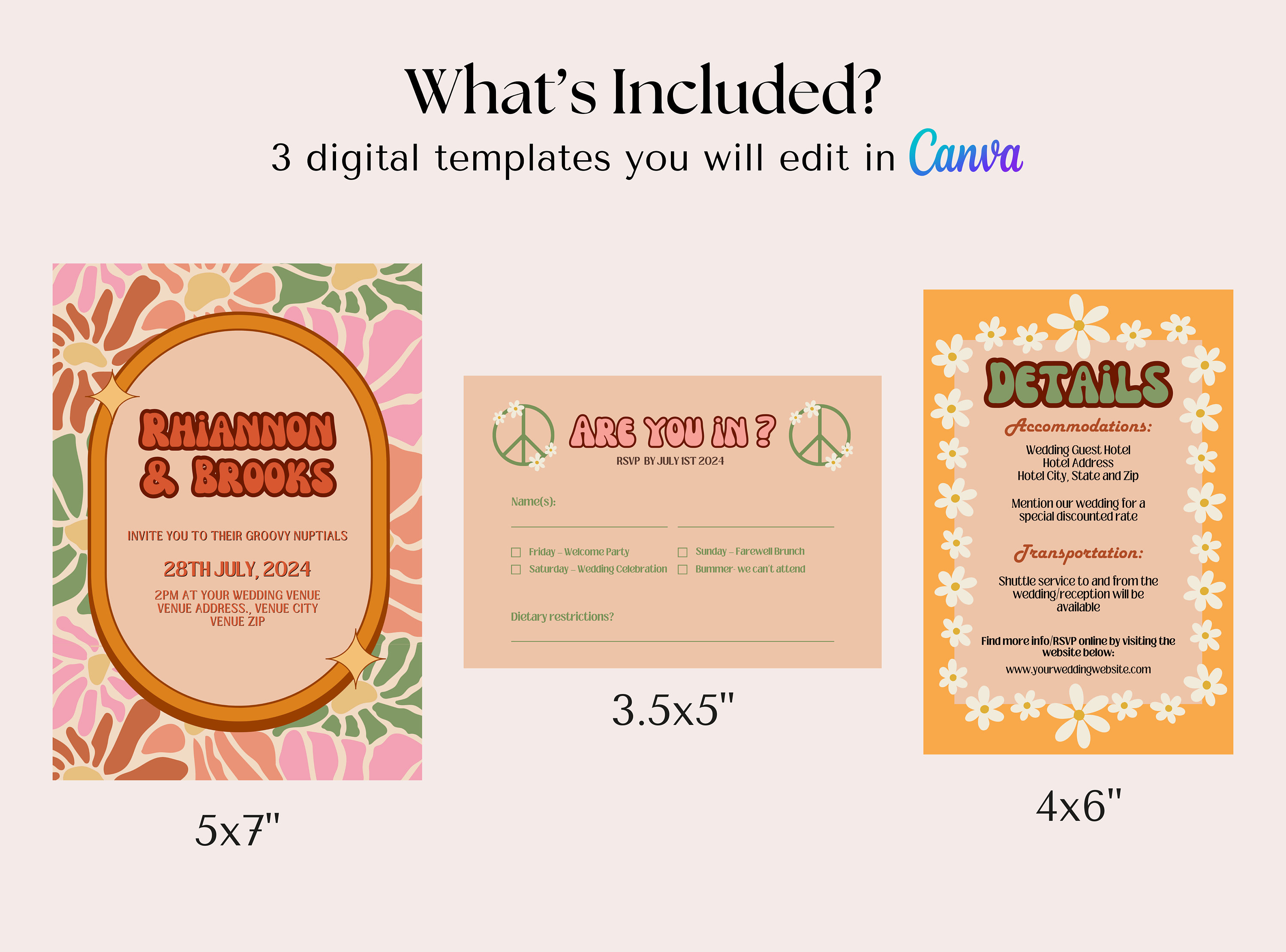 Retro Wedding Invitation Suite Template, Groovy Details Card, Funky ...