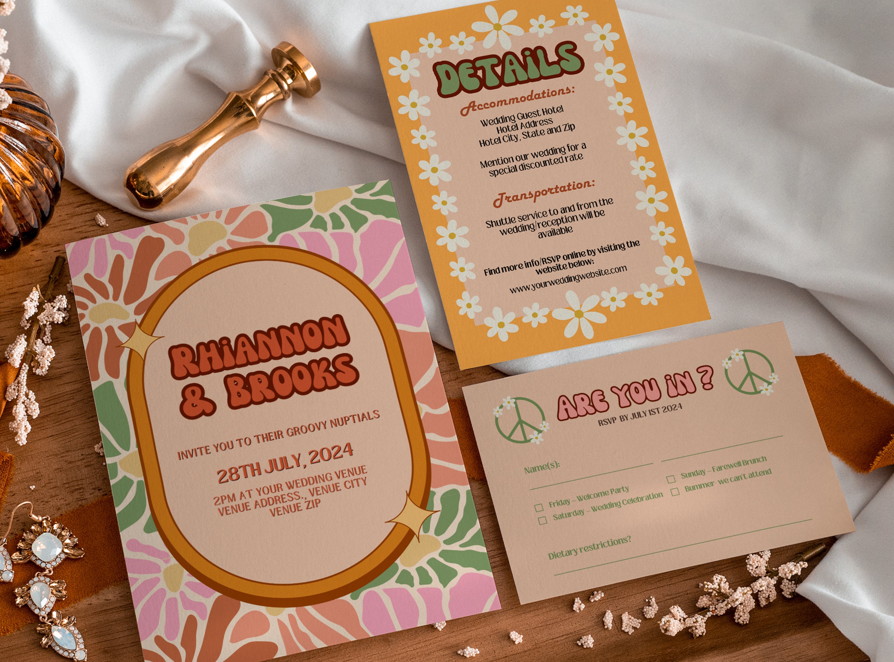 Retro Wedding Invitation Suite Template, Groovy Details Card, Funky ...