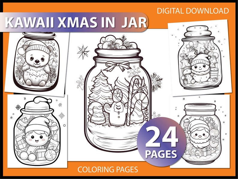 Kawaii Christmas in a Jar: Adult Coloring Page - Christmas Coloring ...