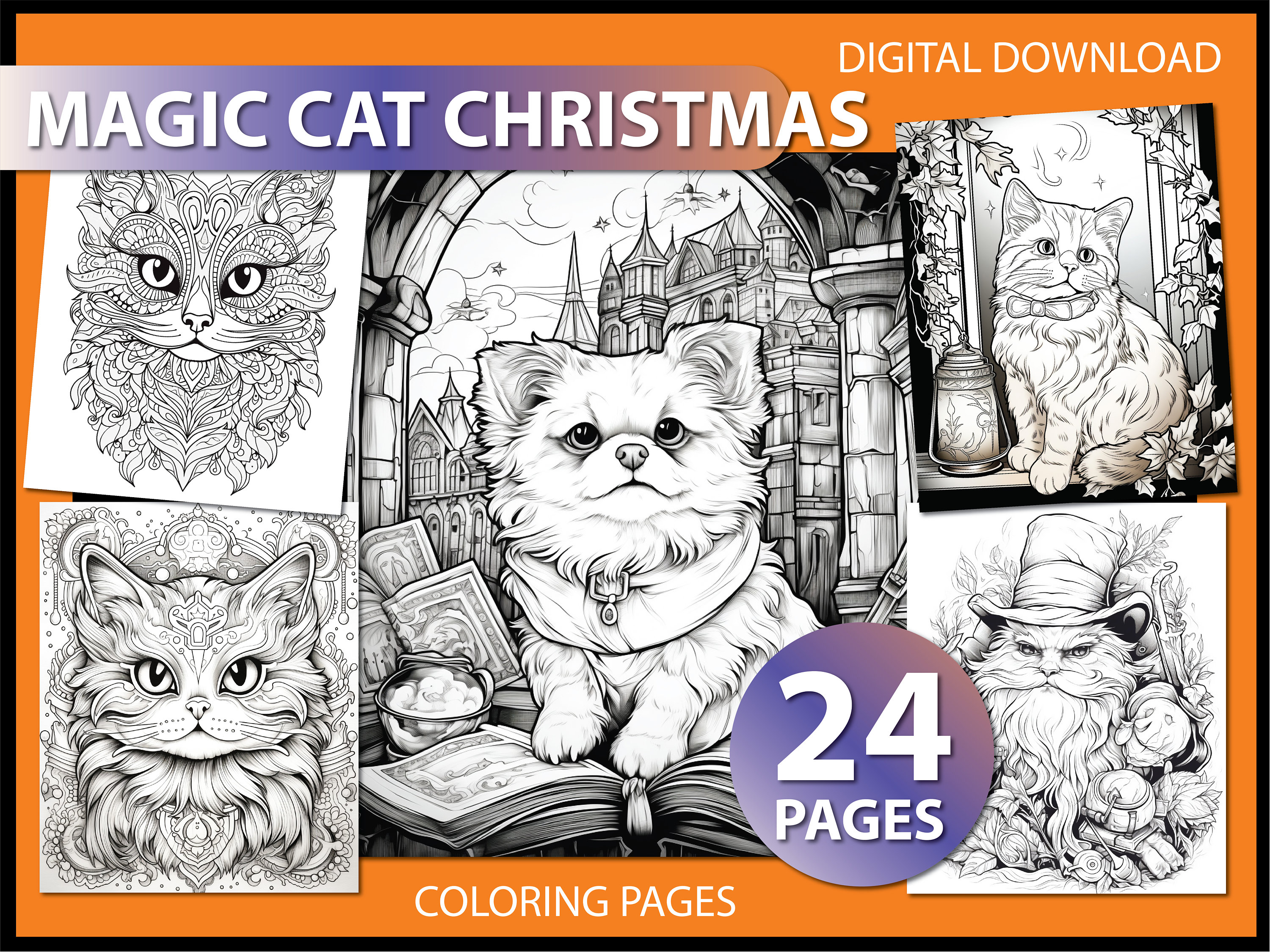 Magic Cat Christmas: Adult Coloring Page Magic Cat Coloring Pages Xmas ...