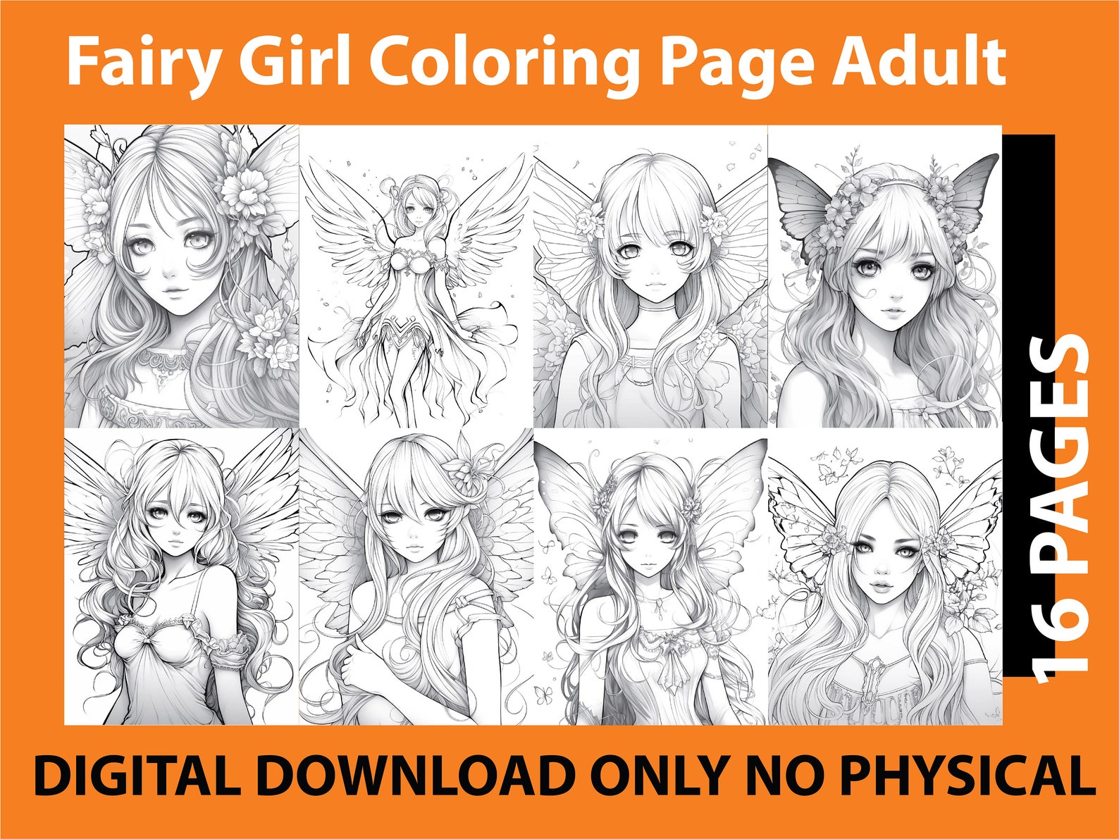 Fairy Girl Anime Coloring Page for Adults 16 Pages Beautiful Coloring ...