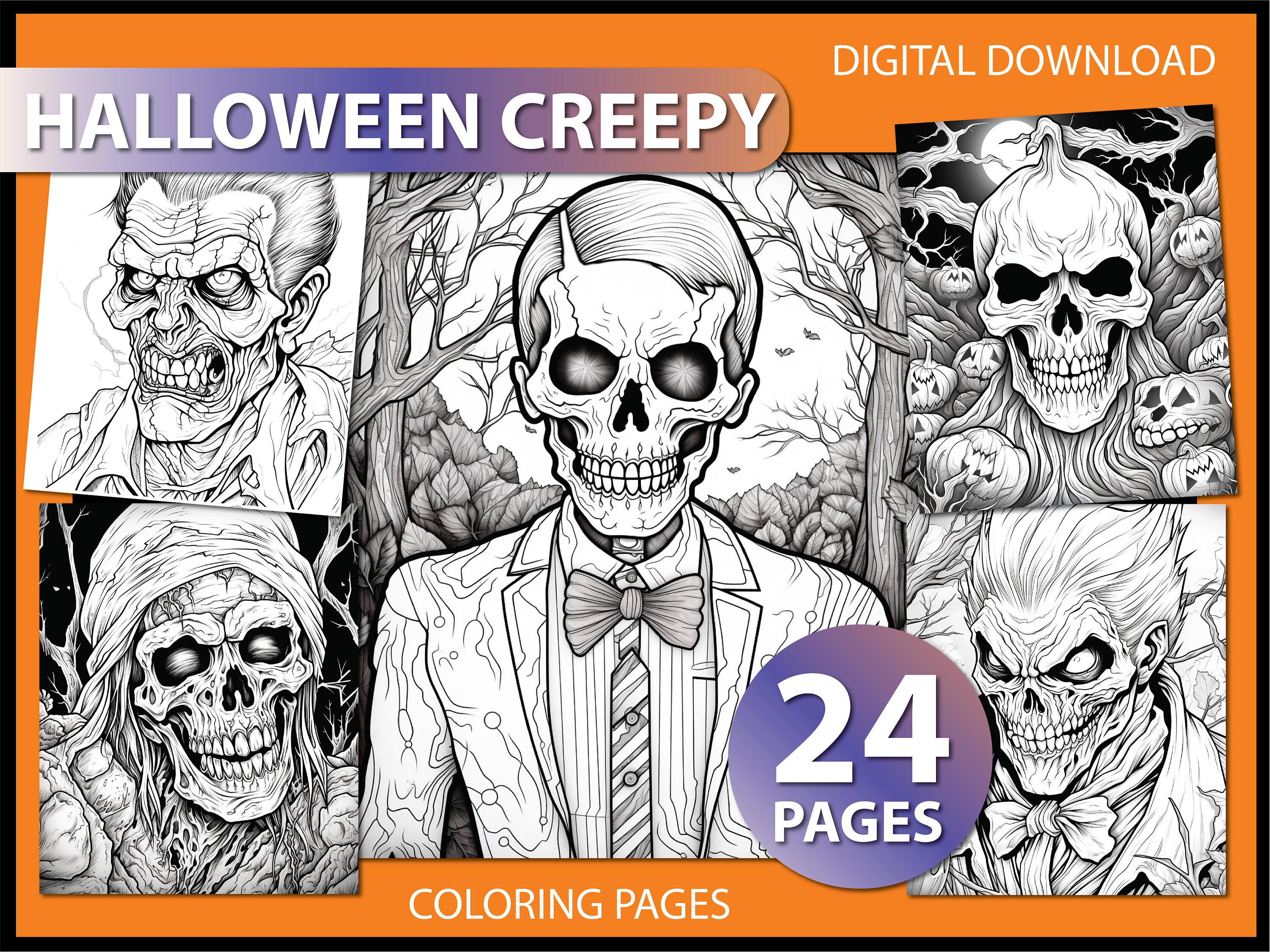 Creepy Halloween: Adult Coloring Page - Grayscale Coloring Page ...