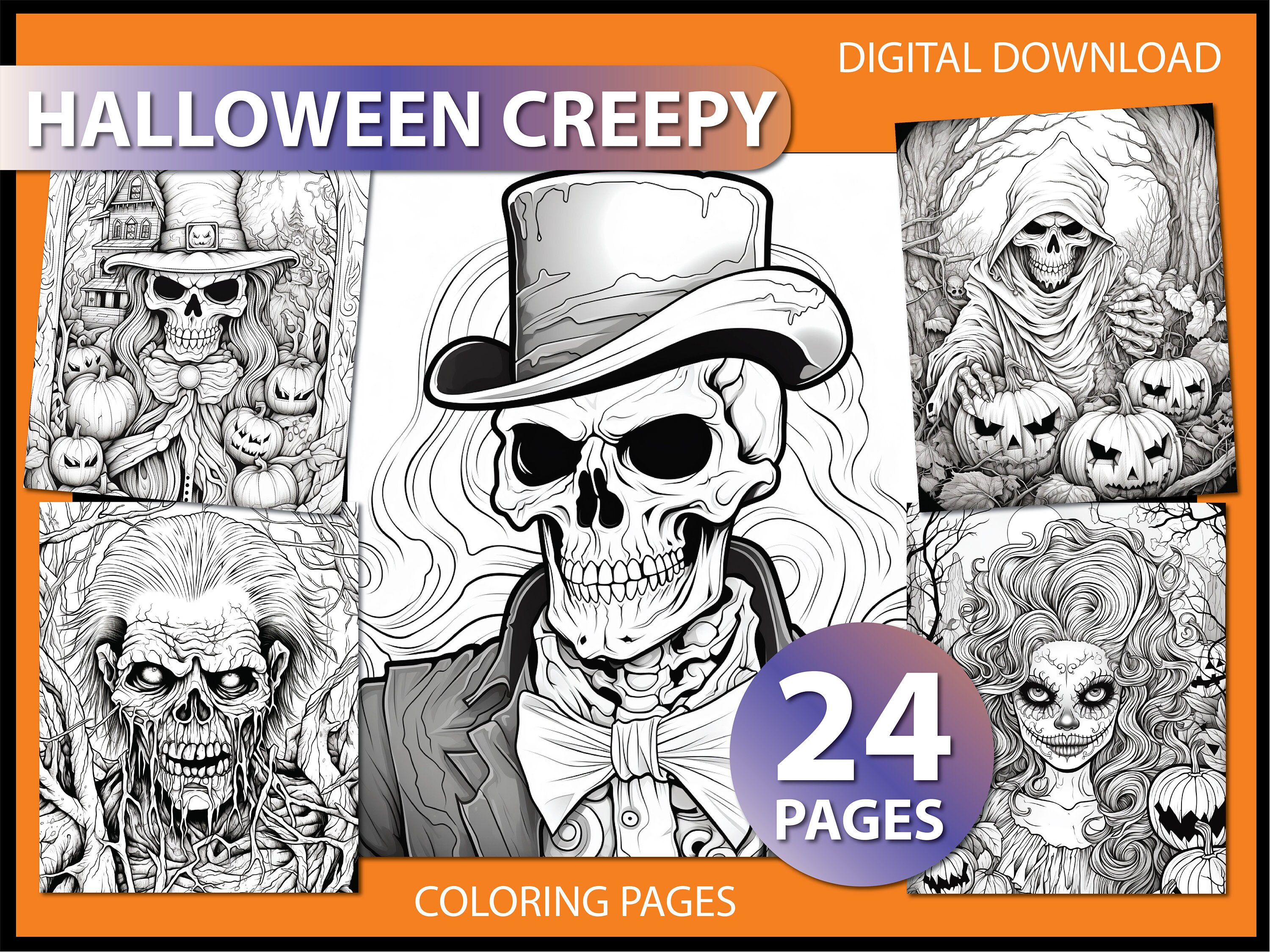 Creepy Halloween: Adult Coloring Page - Grayscale Coloring Page ...