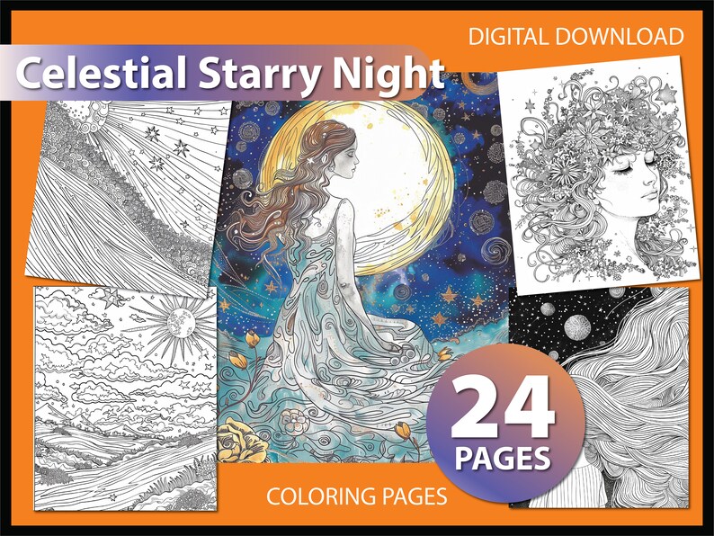 Celestial Starry Night Coloring Page for Adults Digital Download Pdf ...