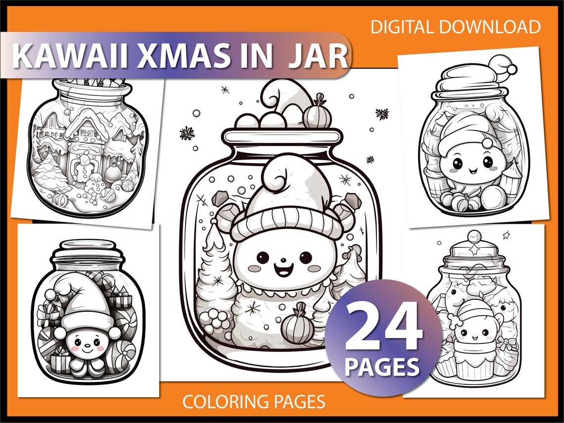 Kawaii Christmas in a Jar: Adult Coloring Page Christmas Coloring Page ...